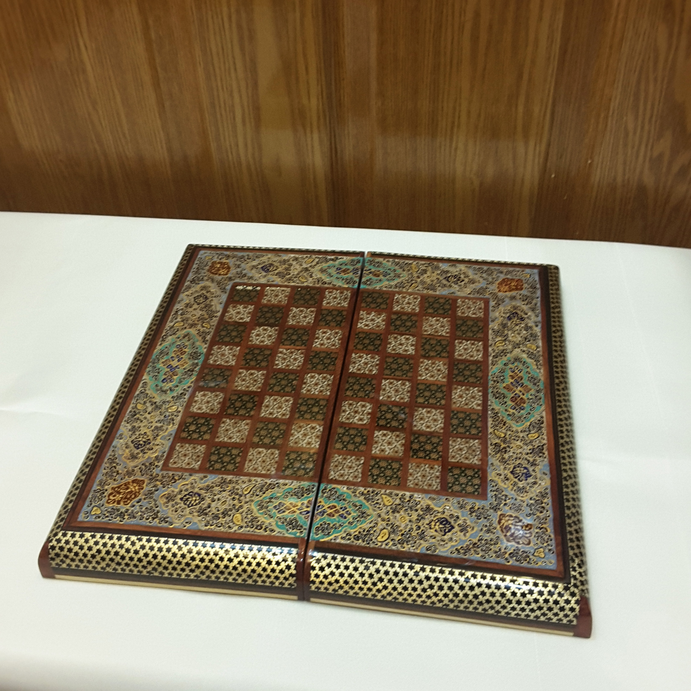 Iranian crafts inlayed (khatam) Chessboard and Backgammon box with ...