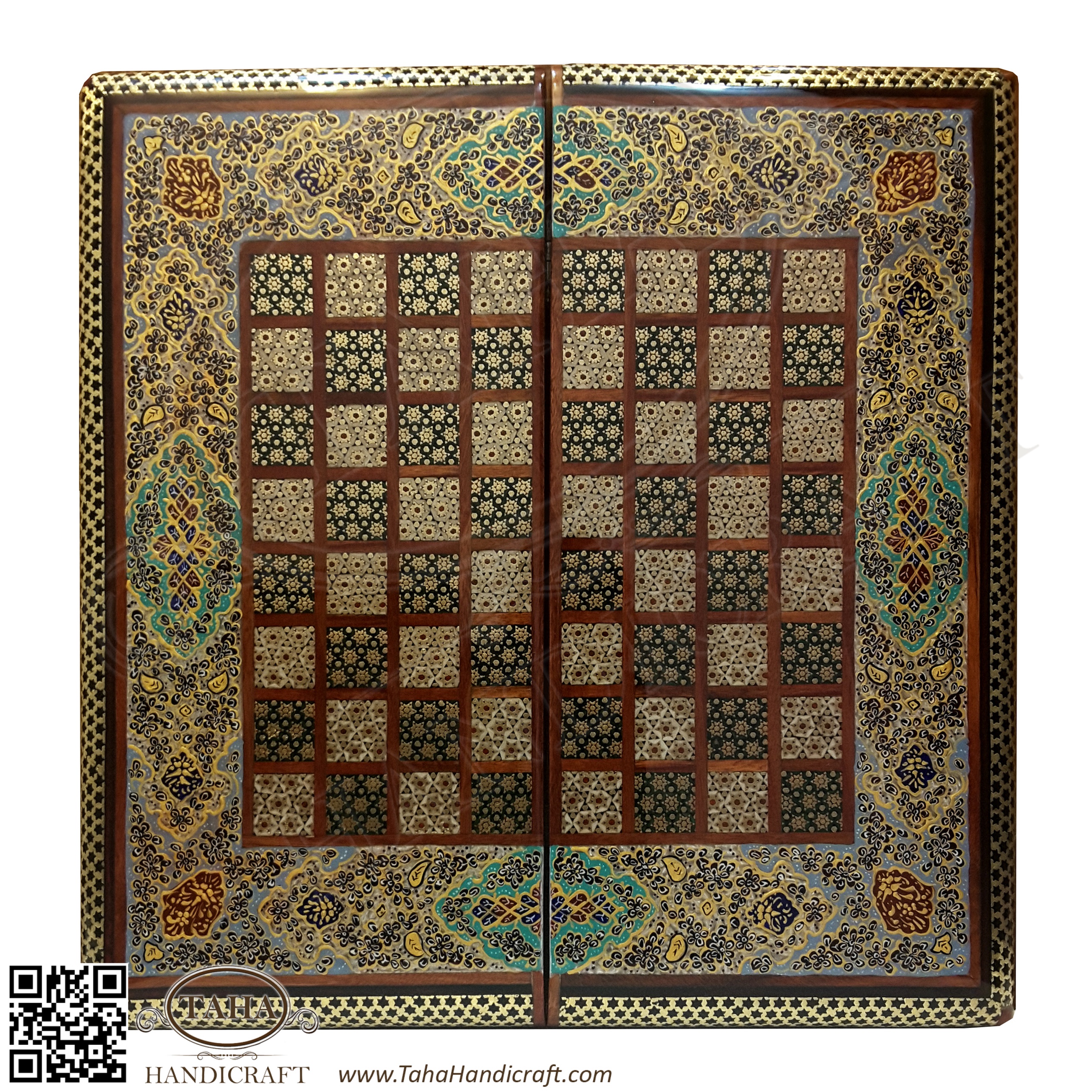 Iranian crafts inlayed (khatam) Chessboard and Backgammon box with ...